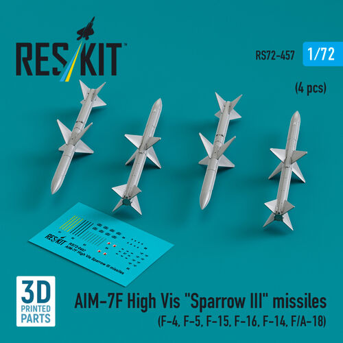 RES/KIT 72-0457 AIM-7F High Vis 'Sparrow III' Missiles (4 pcs) (F-4, F-5, F-15, F-16, F-14, F/A-18) (3D Printed)