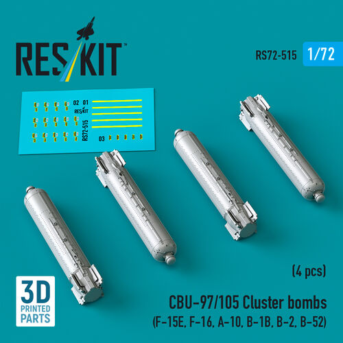 RES/KIT 72-0515 CBU-97/105 Cluster Bombs (4pcs) (F-15E, F-16, A-10, B-1B, B-2, B-52) (3D Printed)