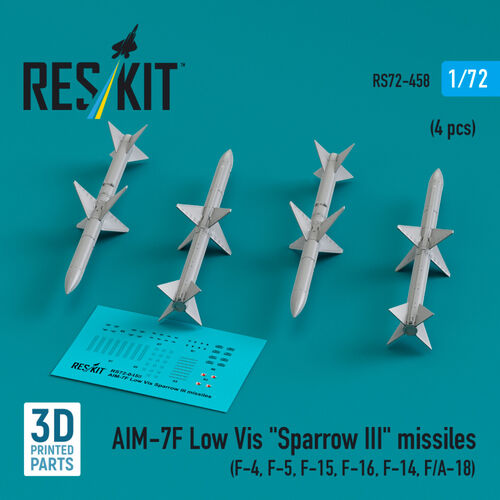 RES/KIT 72-0458 AIM-7F Low Vis 'Sparrow III' Missiles (4 pcs) (F-4, F-5, F-15, F-16, F-14, F/A-18) (3D Printed)