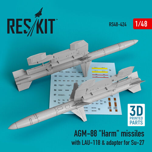 RES/KIT 48-0424 AGM-88 Harm Missiles With LAU-118 And Adapter For Su-27 (2 pcs)