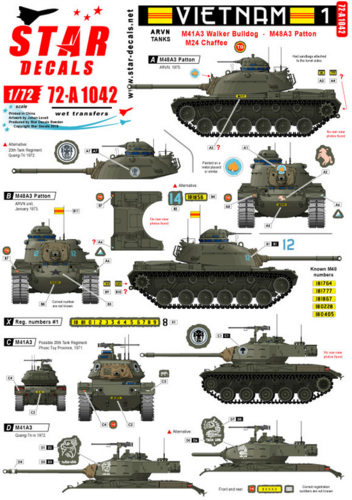 Star-Decals 72-A1042 Vietnam # 1. ARVN M24 Chaffee, M41 Walker Bulldog and M48A3 Patton in South Vietnam.