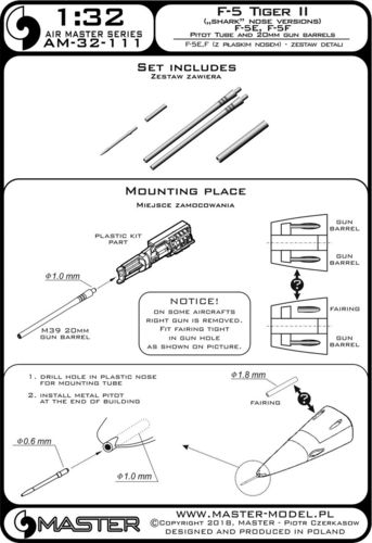 Master AM-32-111 F-5 Tiger II "Freedom Fighter" (shark nose versions) - F-5 E, F - Pitot Tube and 20mm gun barrels