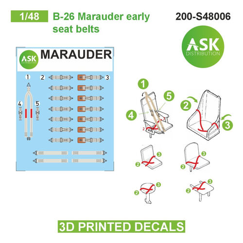 Art Scale Kit S48006 Martin B-26 B Marauder Seat Belts - 3D-Printed Decals Plastic Printed Seat Belts (for ICM Kits)