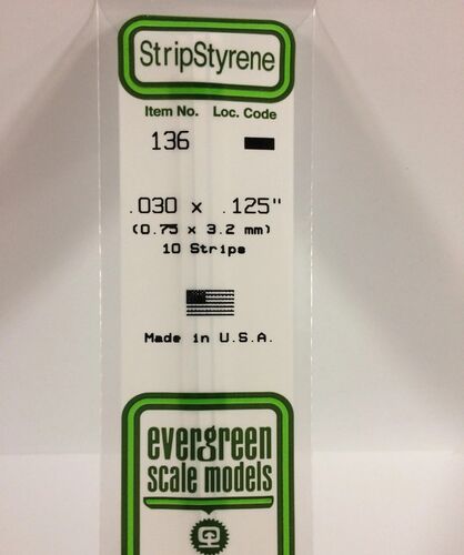 Evergreen 00136 Polystyrene Strip 0,75 x 3,20 mm (35 cm) (1 pcs)
