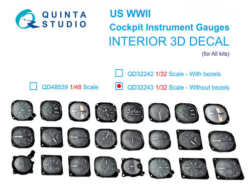 Quinta Studio QD32243 US WWII Cockpit Instrument Gauges without Bezels - 3D-Printed & Coloured Interior on Decal Paper (for All Kits)