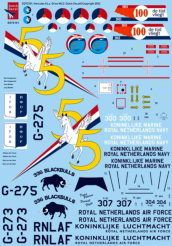 Dutch Decal 72101 Four props demo C-130 Hercules KLu ‘55 year 334 Sqn’. Orion MLD ‘75 Year MLD’.