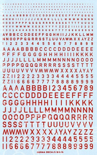 Berna Decals 006 Figures & Letters Red RAF Code (1, 2, 3, 4 & 6mm)