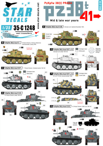 Star-Decals 35-C1248 PzKpfw 38(t) Praga. Mid and Late war years.