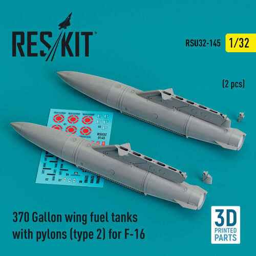 RES/KIT U32-0145 370 Gallon Wing Fuel Tanks With Pylons (Type 2) For F-16 (2pcs) (3D Printed)