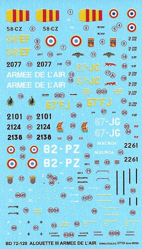 Berna Decals 72120 Sud Aviation Alouette III SA 319 B Armee de l'Air Decals
