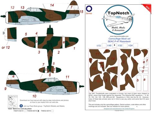 TopNotch 48-M216 Republic P-47 D Thunderbolt 'Razorback' - SEAC Camouflage Pattern Paint Mask Set (for Academy, Italeri, Miniart, Monogram, Tamiya kits)