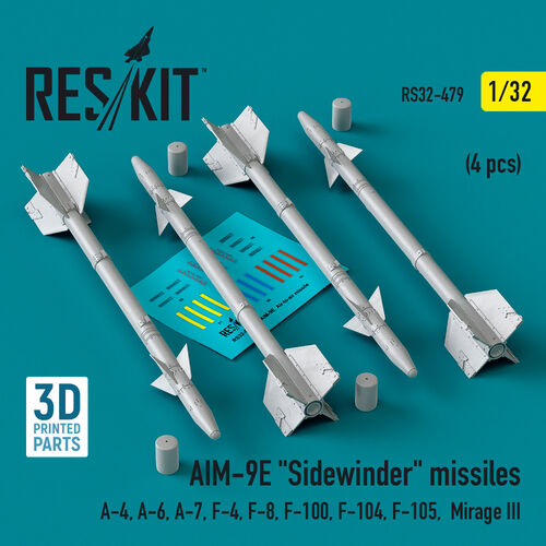 RES/KIT 32-0479 AIM-9E 'Sidewinder' Missiles (4pcs) (A-4, A-6, A-7, F-4, F-8, F-100, F-104, F-105, Mirage III) (3D Printed)
