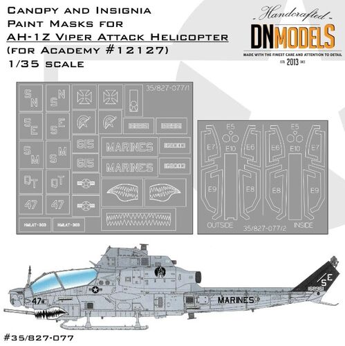 DN Models 35-827-077 AH-1Z Viper Attack Helicopter Canopy And Insignia Paint Mask Set