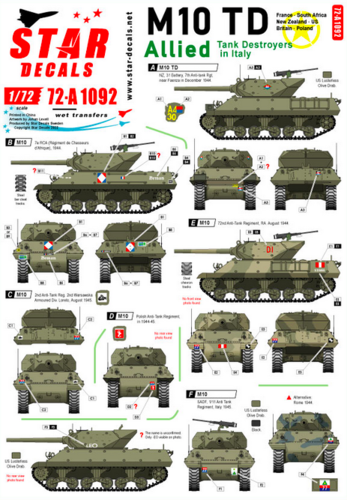 Star-Decals 72-A1092 Allied Tank Destroyers in Italy. M10 TD. France, South Africa, New Zealand, US, Britain, Poland.