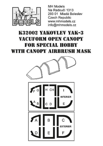MH Models K32002 Yakovlev Yak-3 vacuform opened canopy for Special Hobby with canopy airbrush mask