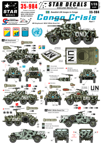 Star-Decals 35-984 Congo Crisis in 1960s. Swedish UN Greyhound and White Scout Car.