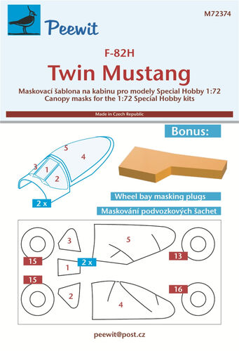 Peewit 72374 North American F-82 H Twin Mustang - Canopy, Wheels and Wheel Bays Mask Set (for Special Hobby Kits)