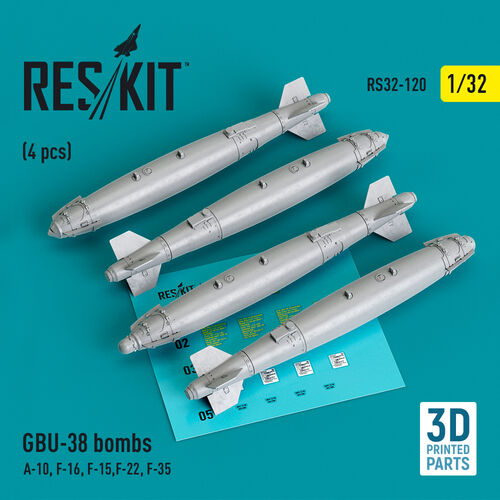 RES/KIT 32-0120 GBU-38 Bombs (4pcs) (A-10, F-16, F-15, F-22, F-35) (3D Printed)