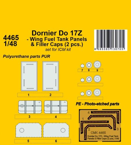 CMK K4465 Dornier Do 17Z - Wing Fuel Tank Panels And Filler Caps 2pcs (For ICM)
