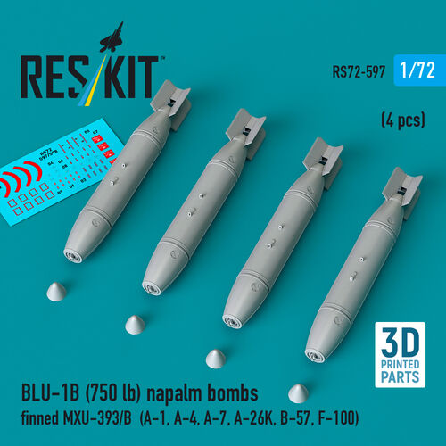 RES/KIT 72-0597 BLU-1B (750 lb) Napalm Bombs finned MXU-393/B (4 pcs / 3D Printed)