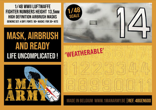 1 Man Army 48GEN600 Focke-Wulf Fw-190 A-Series - High Definition Airbrush Masks Fighter Numbers (13,5 mm) General Set