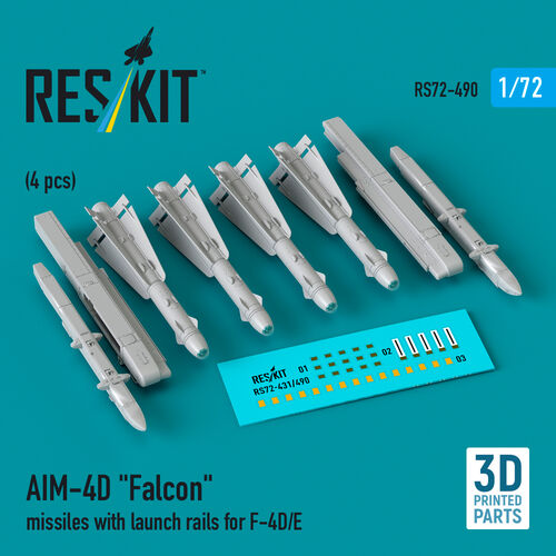 RES/KIT 72-0490 AIM-4D 'Falcon' Missiles With Launch Rails For F-4D/E (4pcs) (3D Printed)