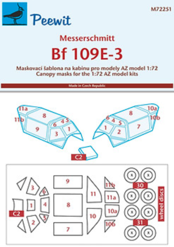 Peewit 72251 Canopy mask for Messerschmitt Bf 109E-3 AZ model