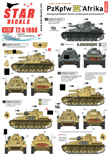 Star-Decals 72-A1088 Panzer in the Desert # 5. PzKpfw IV Ausf D/E/F1, in North Africa