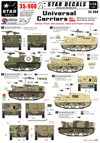 Star-Decals 35-960 Universal Carrier Mk I. British, Polish, NZ, Indian and French MTO.