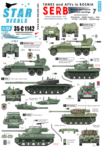 Star-Decals 35-C1142 Tanks & AFVs in Bosnia # 7. Serbian M84, Hellcat, M36B2, M53/59 Praga, PT-76, BTR-50PK.