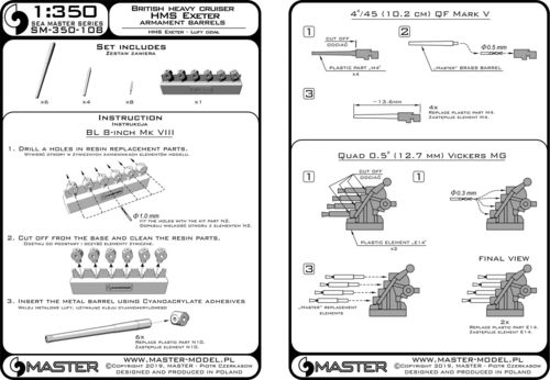 Master SM-350-108 HMS Exeter (1939) armament - 8in (6pcs), 4in (4pcs), Vickers 0.5 in (8pcs) barrels (for Trumpeter kit)