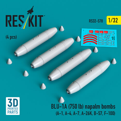 RES/KIT 32-0578 BLU-1A (750 lb) Napalm Bombs (4 pcs / 3D Printed)