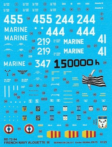 Berna Decals 72094M Sud Aviation Alouette III French Navy: n°1041 - Escadrille 10S - 1992 & n°1244 - Escadrille 20S - 1986 both BAN Frejus-Saint-Raphael, n°1455 - Escadrille 12S - 1990 Tahiti-Faa'...