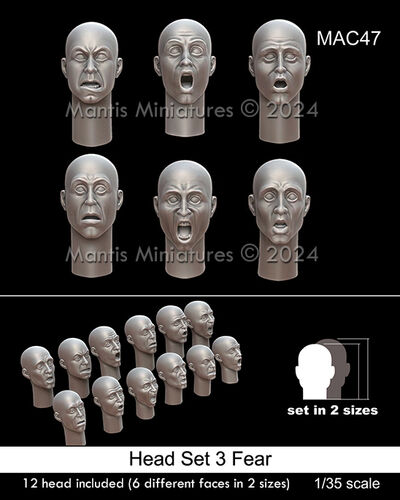 Mantis Miniatures MAC47 Head Set 3 Fear - 12 Heads Included (6 Different Faces In Two Sizes)