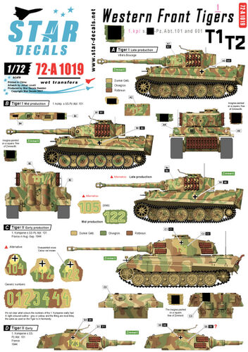 Star-Decals 72-A1019 Western Front Tigers # 1. 1. Komp./ s.SS.Pz-Abt. 101/501 Tiger I and Tiger II.