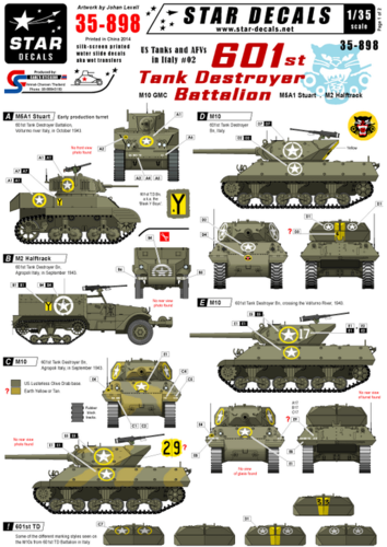 Star-Decals 35-898 US 601st Tank Destroyer Bn in Italy. Stuart, M2 Halftrack, M10 GMC