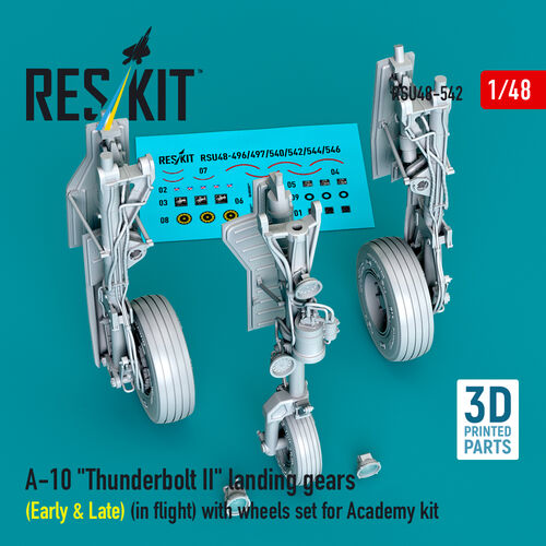 RES/KIT U48-0542 A-10 'Thunderbolt II' Landing Gears (Early & Late) (In Flight) With Wheels Set For Academy Kit (3D Printed)
