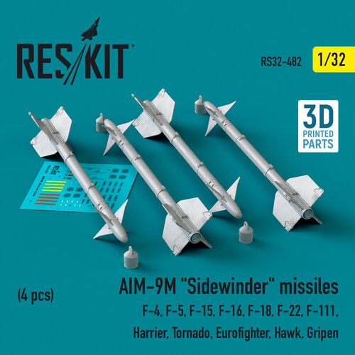 RES/KIT 32-0482 AIM-9M 'Sidewinder' Missiles (4pcs) (F-4, F-5, F-15, F-16, F-18, F-22, F-111, Harrier, Tornado, Eurofighter, Hawk, Gripen) (3D Printed)
