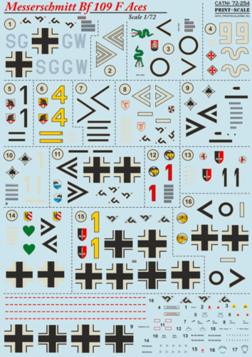 Print Scale 72-254 Messerschmitt BF-109F Aces