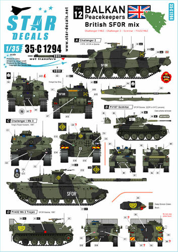 Star-Decals 35-C1294 Balkan Peacekeepers # 12. British SFOR mix. Challenger I, Challenger 2, Scimitar CVR(T) and FV432 Mk 2.