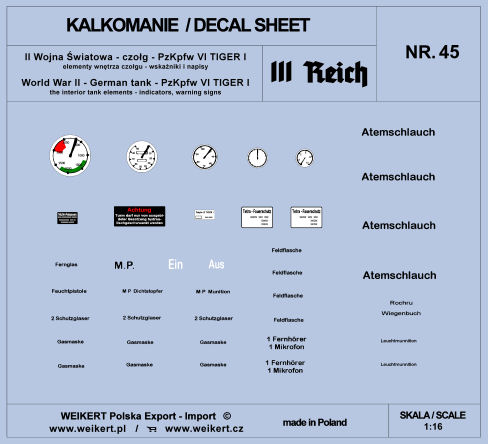 Weikert Decals DEC245 PzKpfw. VI TIGER I - elementy wnętrza czołgu, wskaźniki i napisy