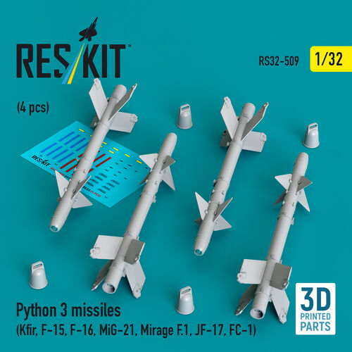 RES/KIT 32-0509 Python 3 Missiles (4pcs) (Kfir, F-15, F-16, MiG-21, Mirage F.1, JF-17, FC-1) (3D Printed)