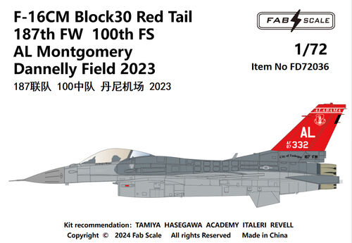 Fab Scale FD72036 Lockheed Martin F-16 CM Block 30 - Red Tail 187th FW 100th FSAL Montgomery Dannelly Field (2023)