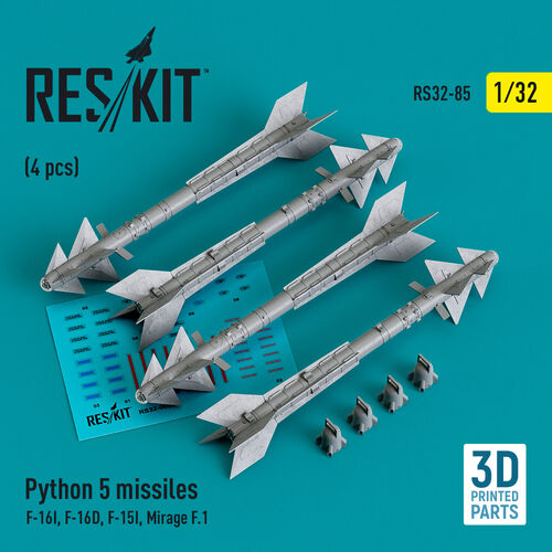 RES/KIT 32-0085 Python 5 Missiles (4pcs) (F-16I, F-16D, F-15I, Mirage F.1) (3D Printed)