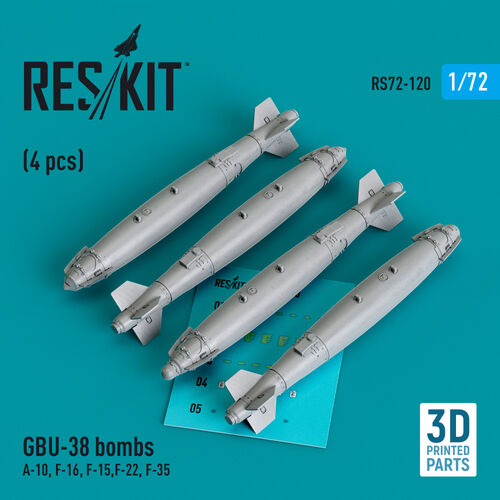 RES/KIT 72-0120 GBU-38 Bombs (4pcs) (A-10, F-16, F-15, F-22, F-35) (3D Printed)