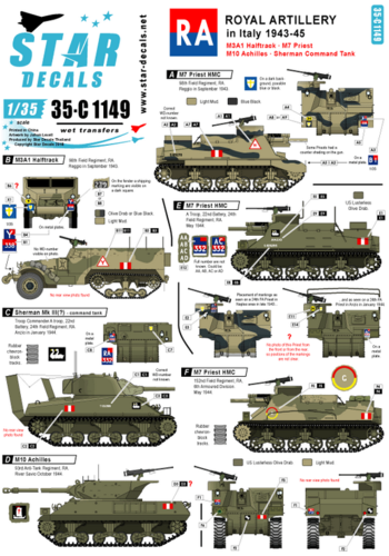 Star-Decals 35-C1149 Royal Artillery in Italy. M7 Priest, M3 Halftrack, Sherman, M10 Achilles