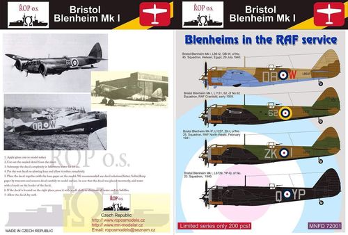 Ropos Models MNFDL72001 Bristol Blenheim Mk I - Blenheims in the RAF service