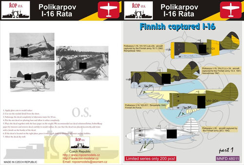 Ropos Models MNFDL48011 Polikarpov I-16 Rata - Finnish captured I-16