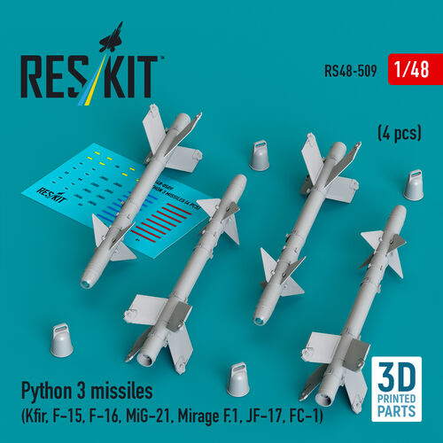 RES/KIT 48-0509 Python 3 Missiles (4pcs) (Kfir, F-15, F-16, MiG-21, Mirage F.1, JF-17, FC-1) (3D Printed)