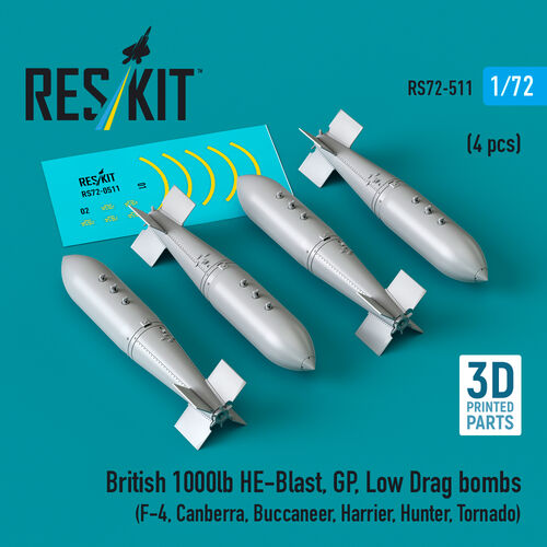 RES/KIT 72-0511 British 1000lb HE-Blast, GP, Low Drag Bombs (4pcs) (F-4, Canberra, Buccaneer, Harrier, Hunter, Tornado) (3D Printed)